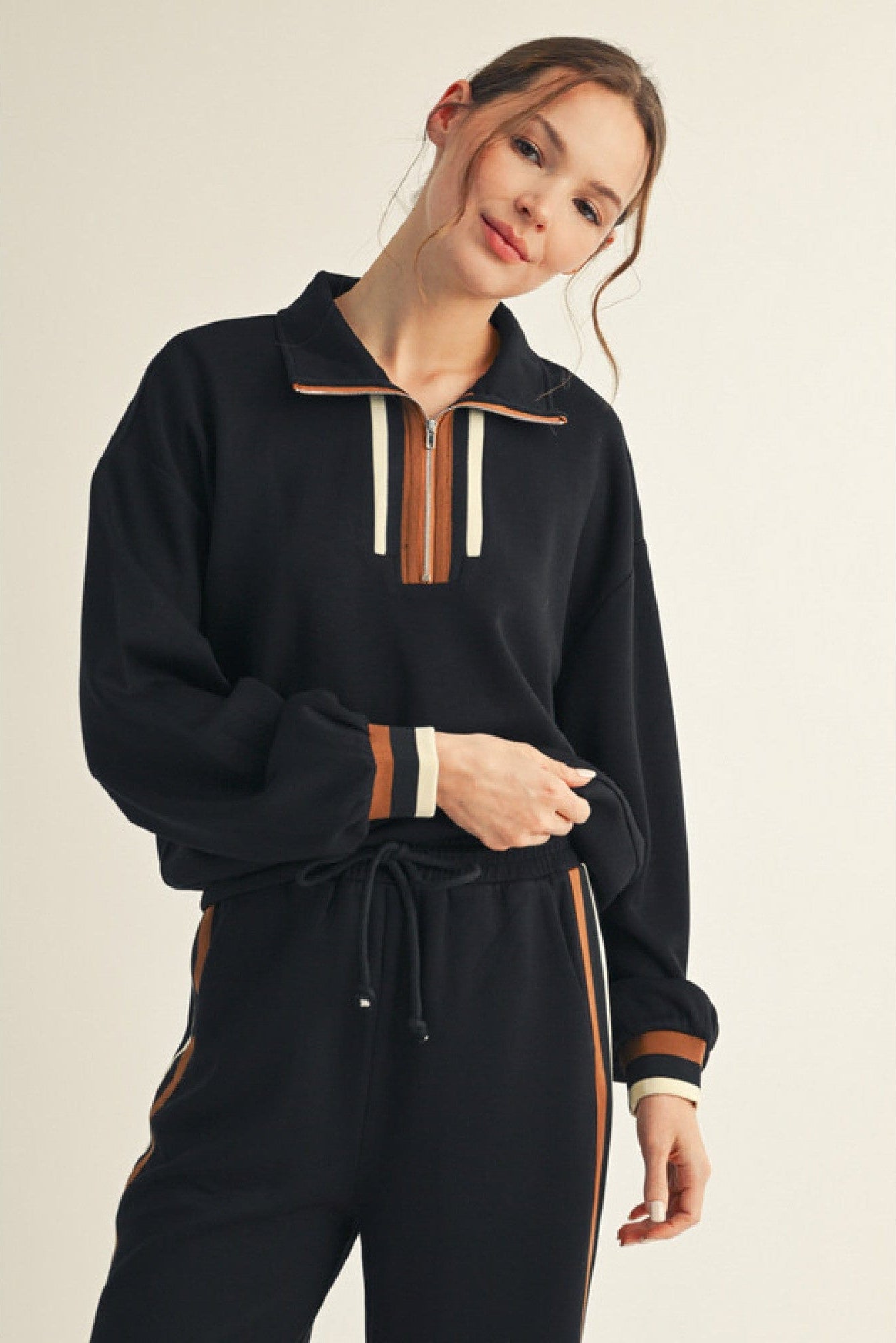 Jodifl Triple Colorblock Stripe Trim Accented Long Sleeve Front Zip Pu ...