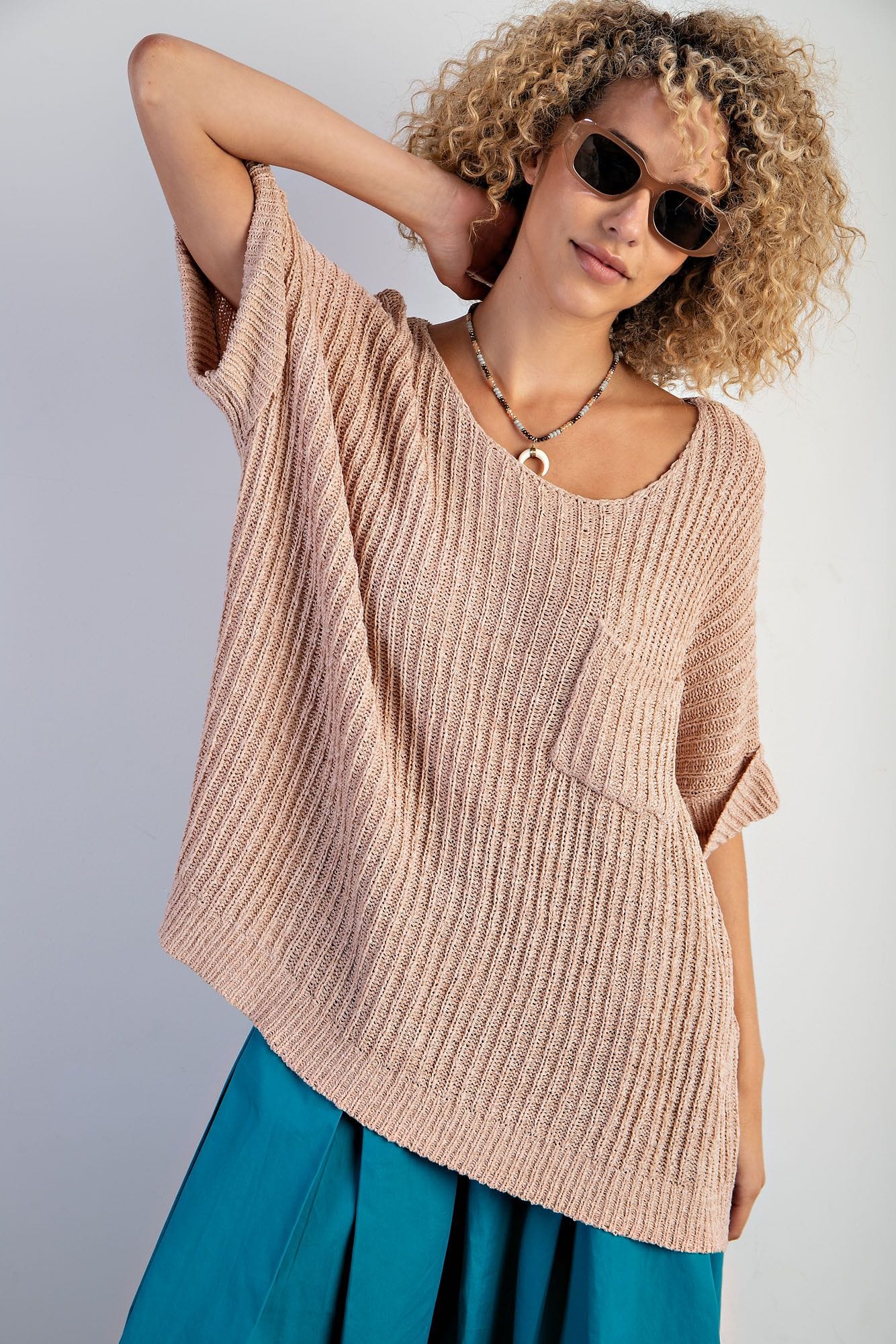 Easel Boxy Cuffed Short Sleeve Knitted Ribbed Sweater Top with Front P ...
