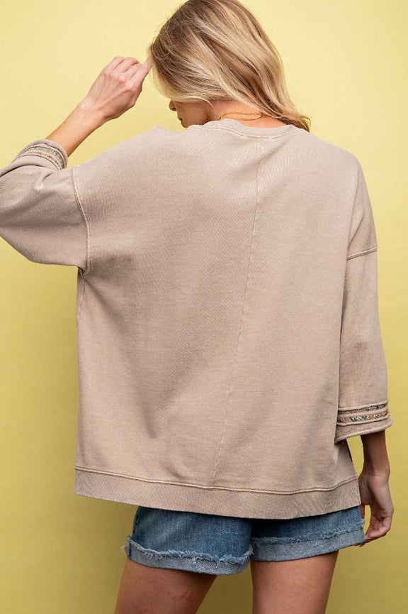 Easel Half Sleeve Peace Patch Front Mineral Wash Terry Knit Top - Sold ...