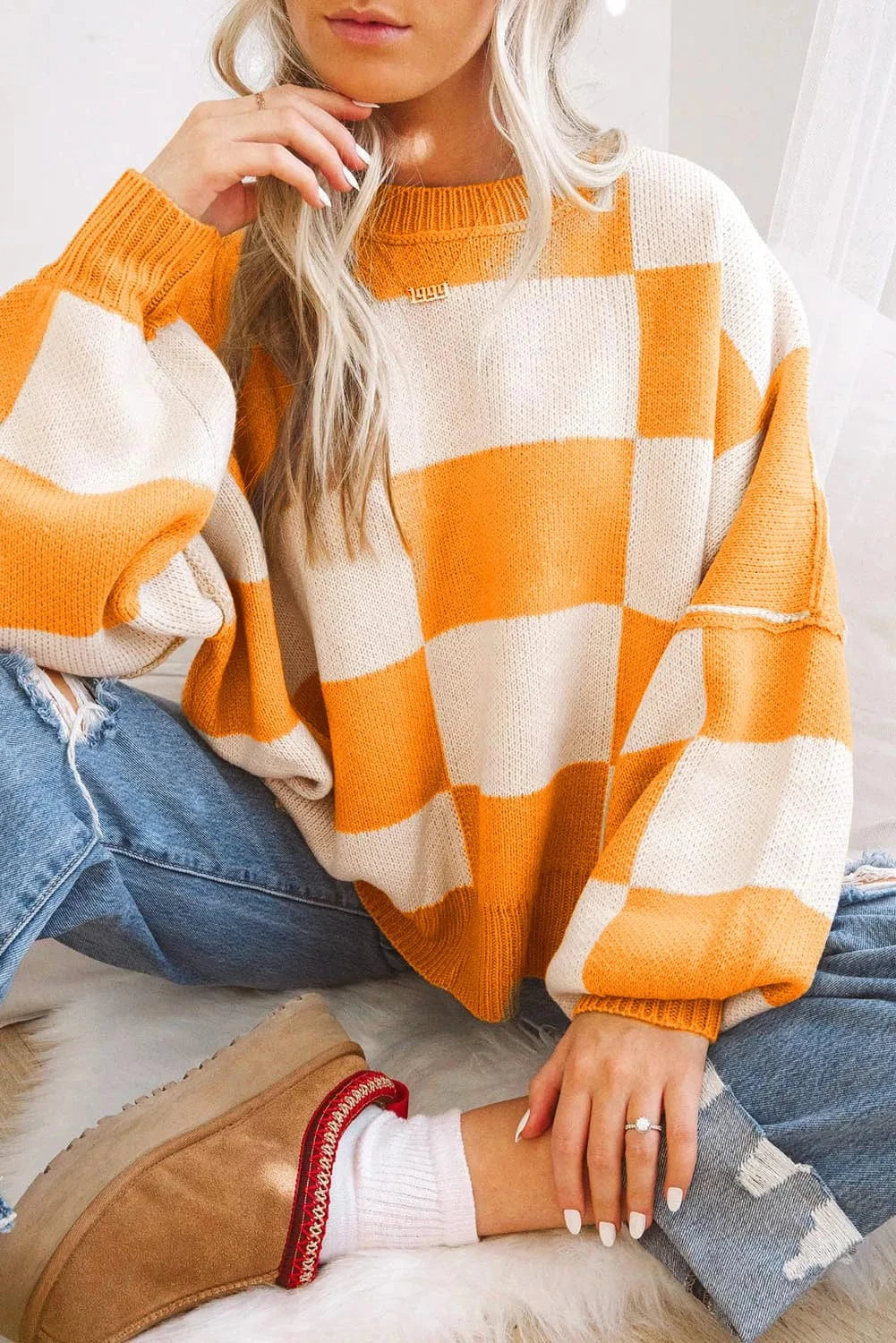 Game Day Cozy Checkerboard Sweater with Solid Colored Trim – jfybrand